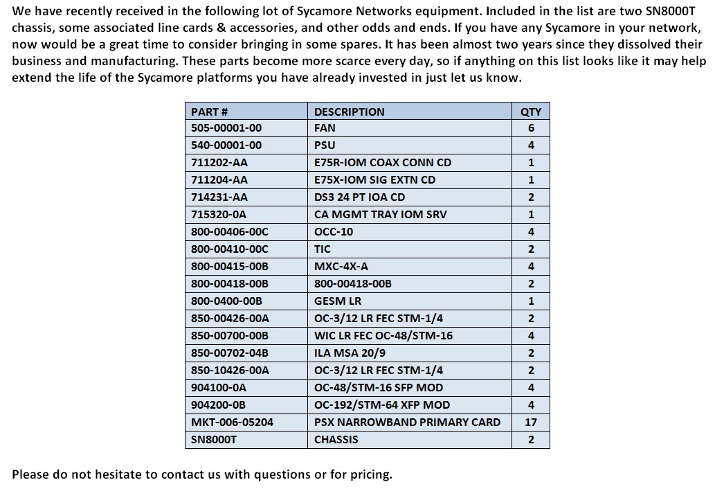 Sycamore Networks Assorted Equipment For Sale - TELECOMCAULIFFE
