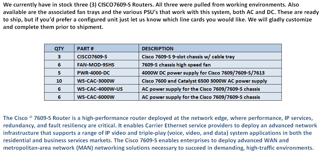 Cisco 7609-S Chassis For Sale: 3 Units Available - TELECOMCAULIFFE