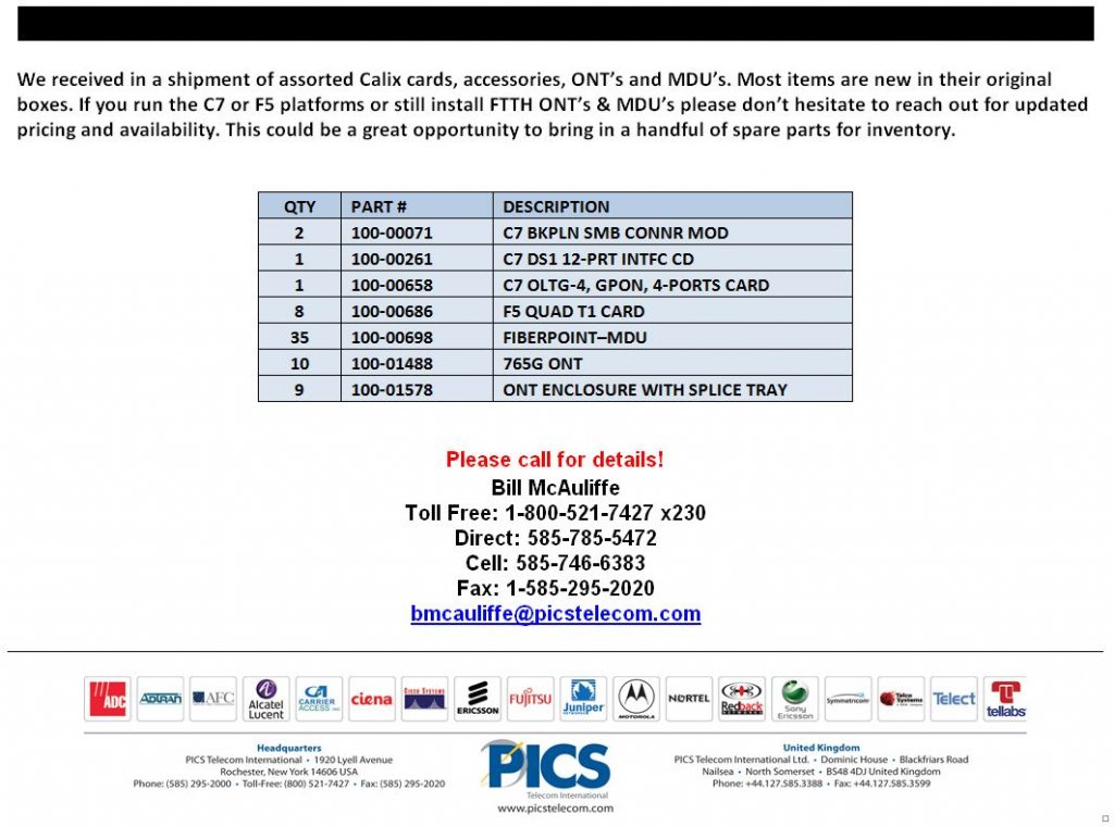 Calix C7 & F5 Cards, 765G ONT's, and FIBERPOINT-MDU's For Sale: Most ...