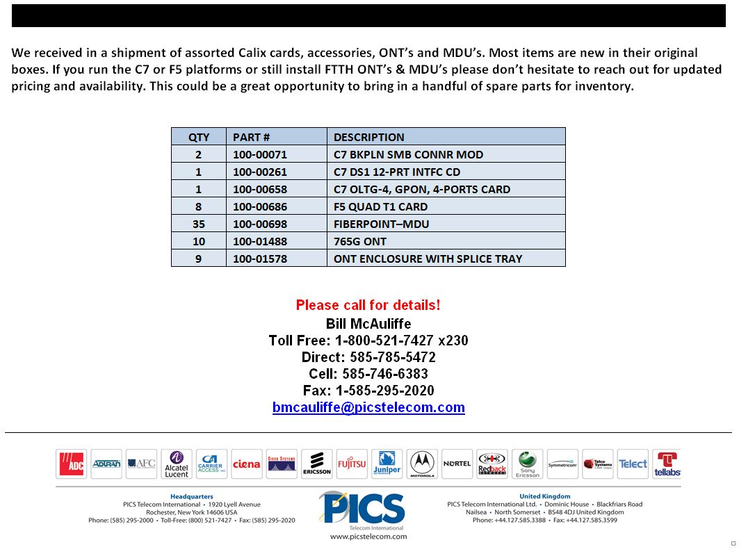Calix C7 & F5 Cards, 765G ONT's, and FIBERPOINT-MDU's For Sale: Most ...