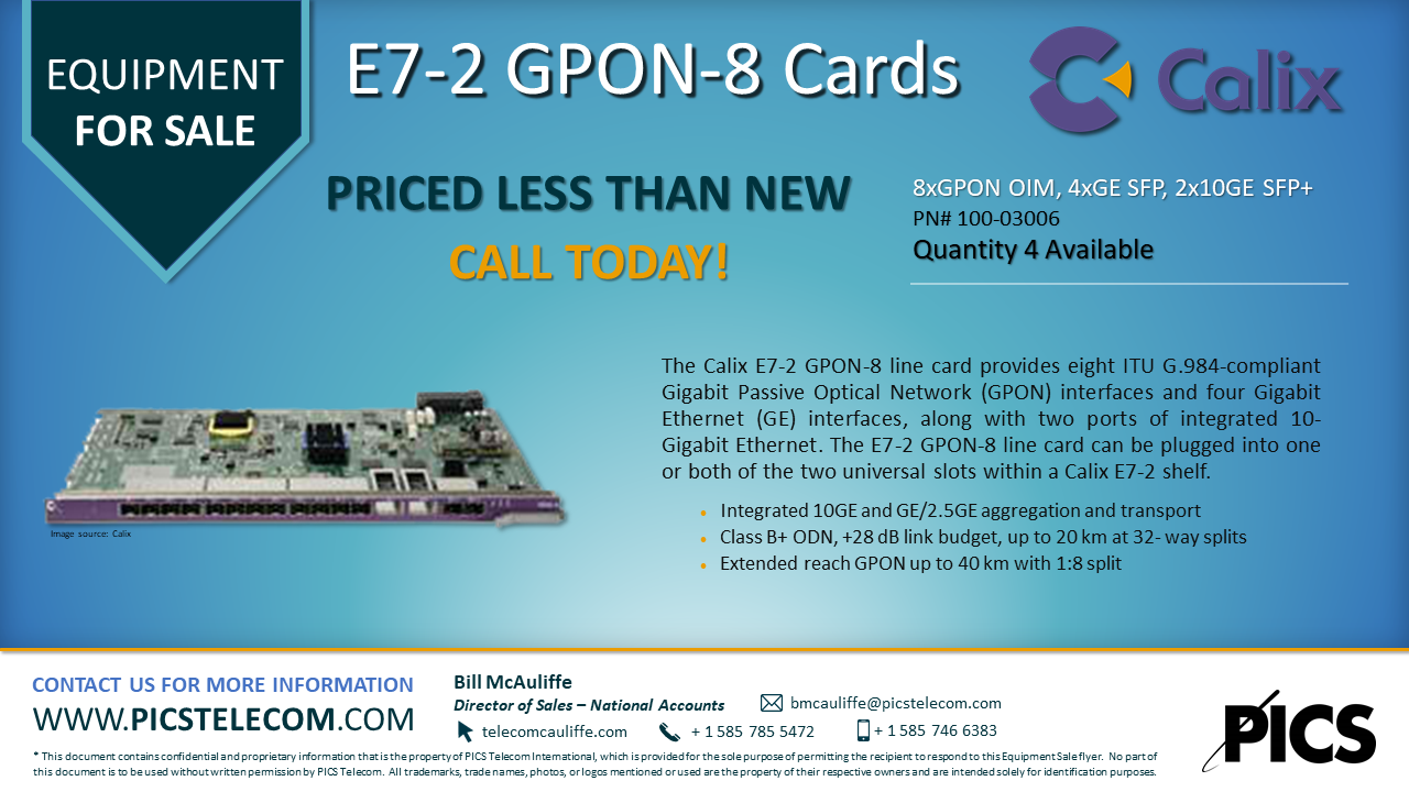 Calix E7-2 GPON-8 Cards - TELECOMCAULIFFE